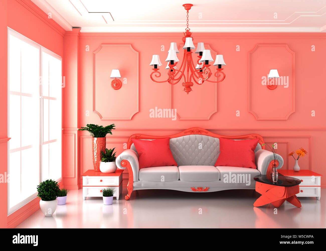 Living coral Luxury room interior and decoration luxury style.3D ...