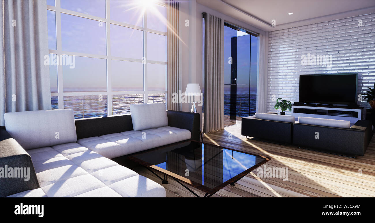 Sea view living room in modern beach summer home. 3D rendering Stock ...