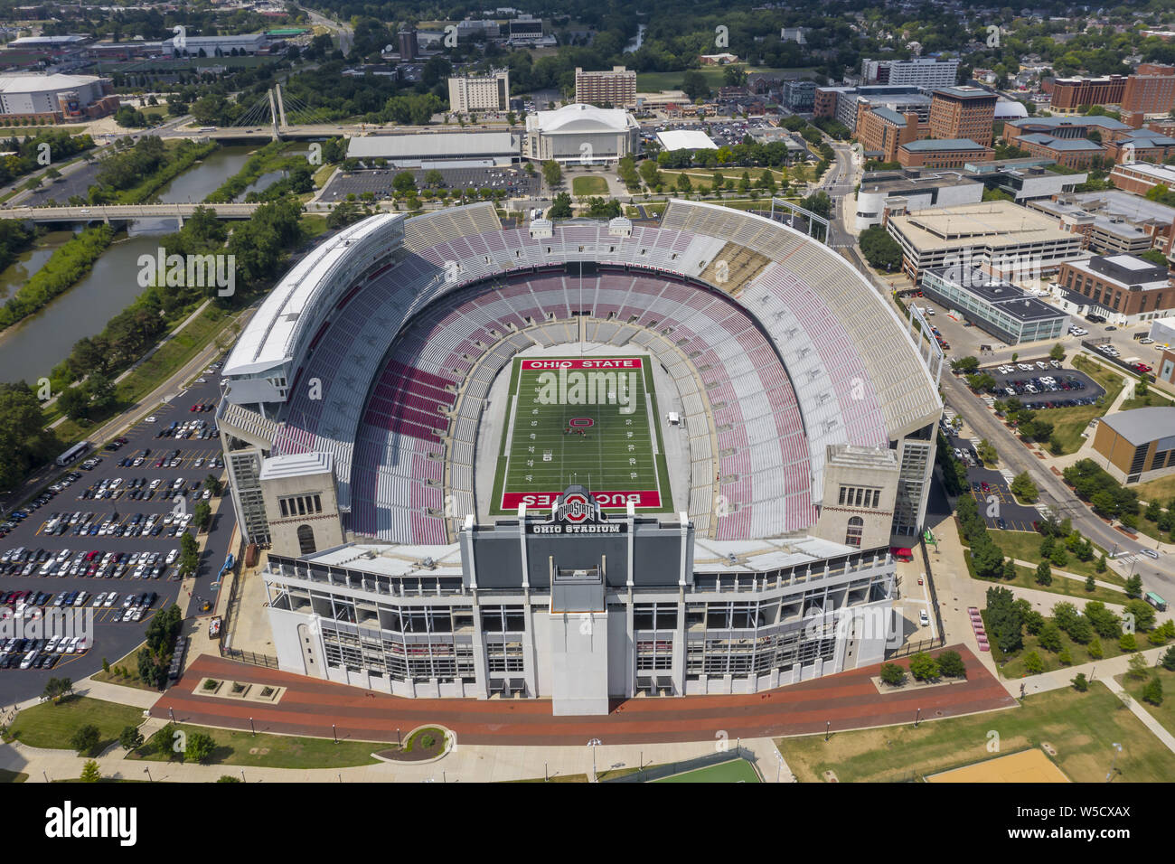 July 25, 2019, Columbus, Ohio, USA: Aerial view of Ohio Stadium, also ...