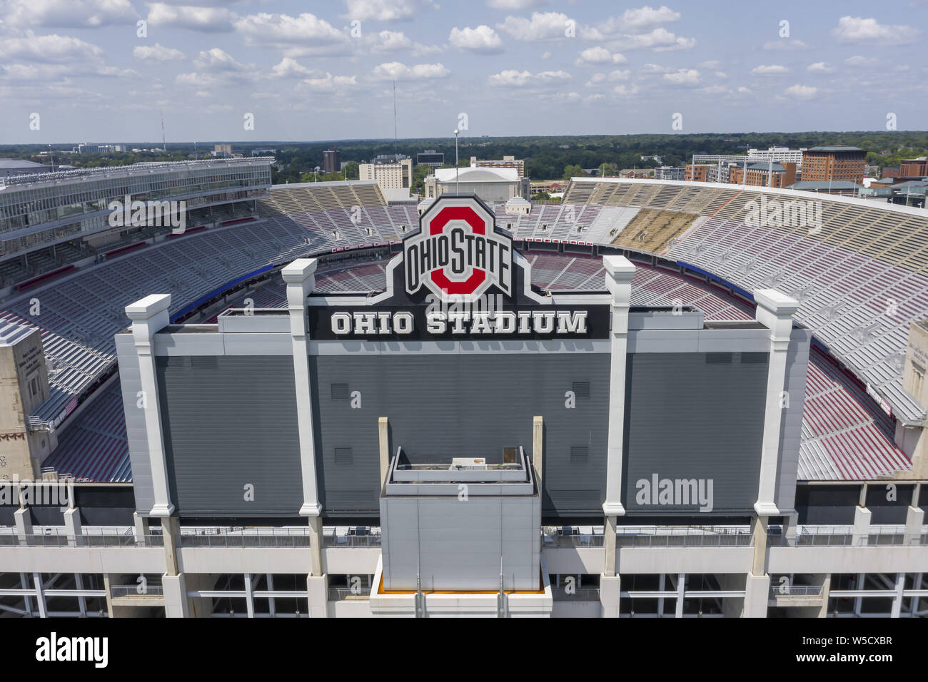 July 25, 2019, Columbus, Ohio, USA: Aerial view of Ohio Stadium, also ...