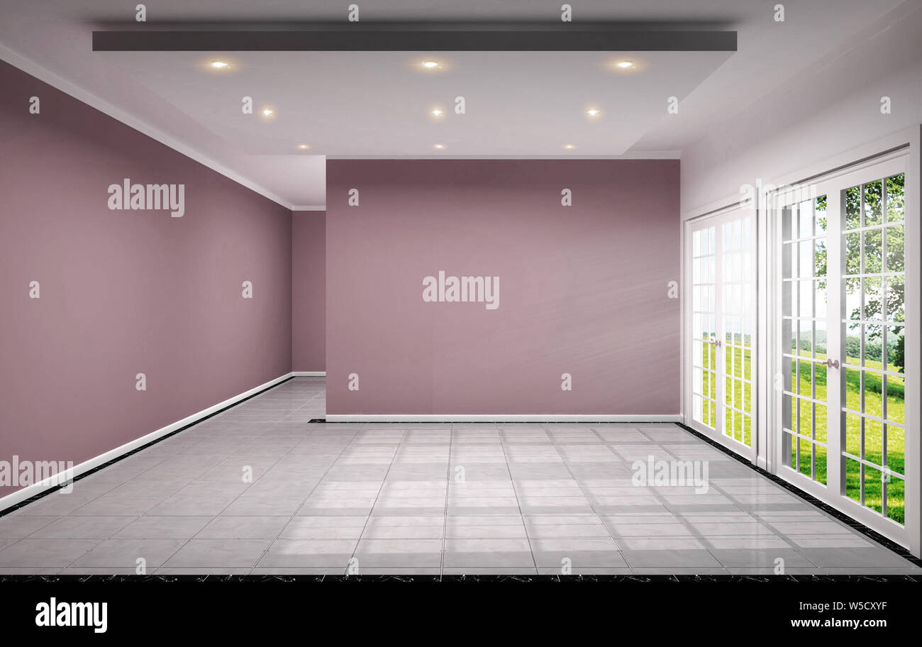 empty room interior design has pink wall on tile design 3D rendering ...