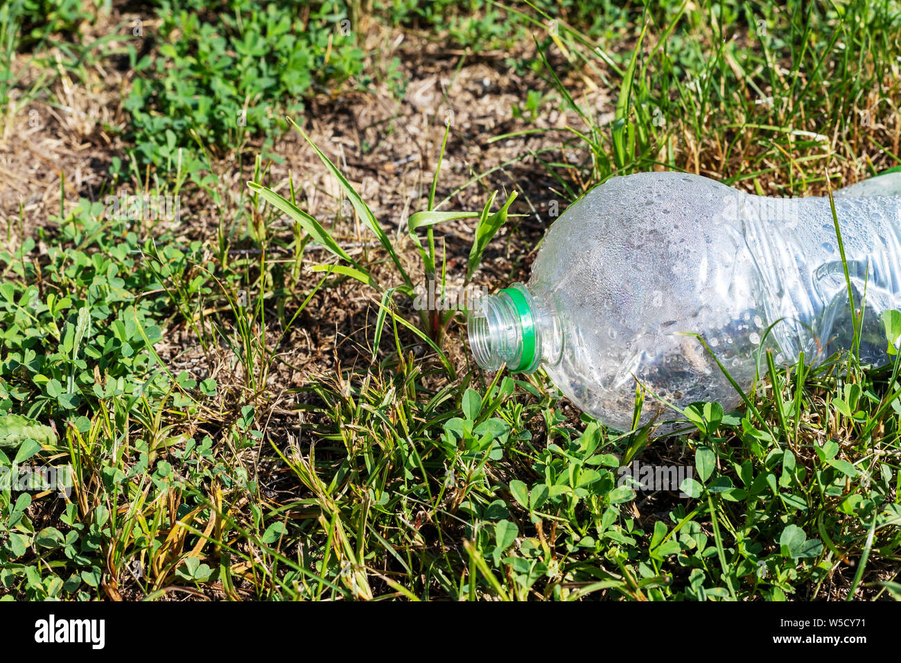 Plastic packaging in the natural environment. Empty used dirty plastic ...