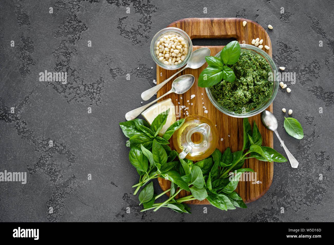 Traditional italian pesto alla genovese with fresh basil leaves, pine ...