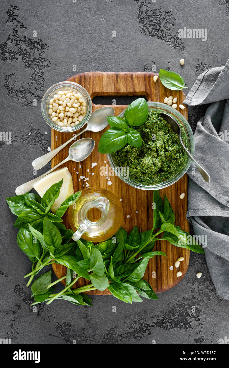 Traditional italian pesto alla genovese with fresh basil leaves, pine ...