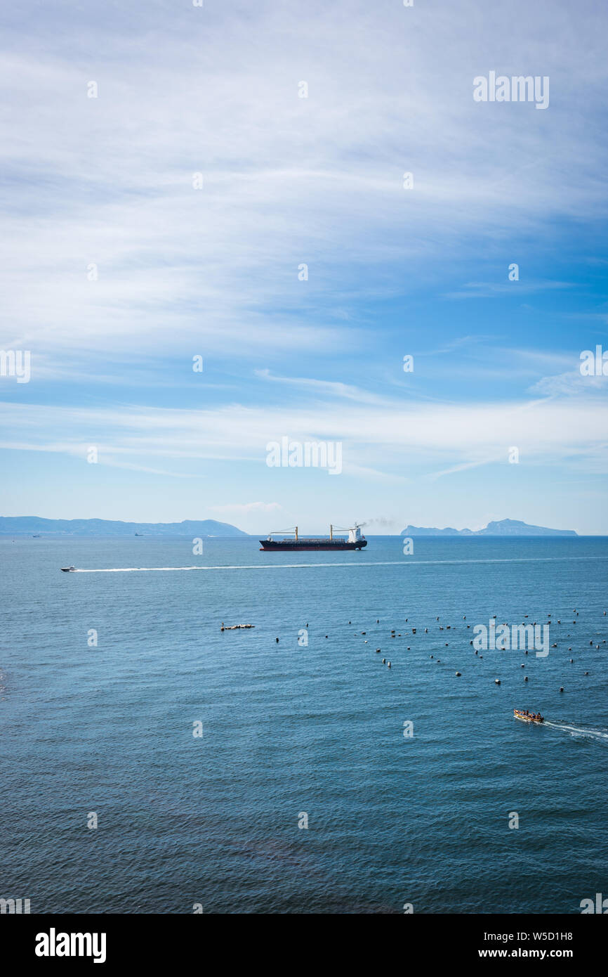 Empty container cargo ship in the blue sea. Aerial view Stock Photo - Alamy