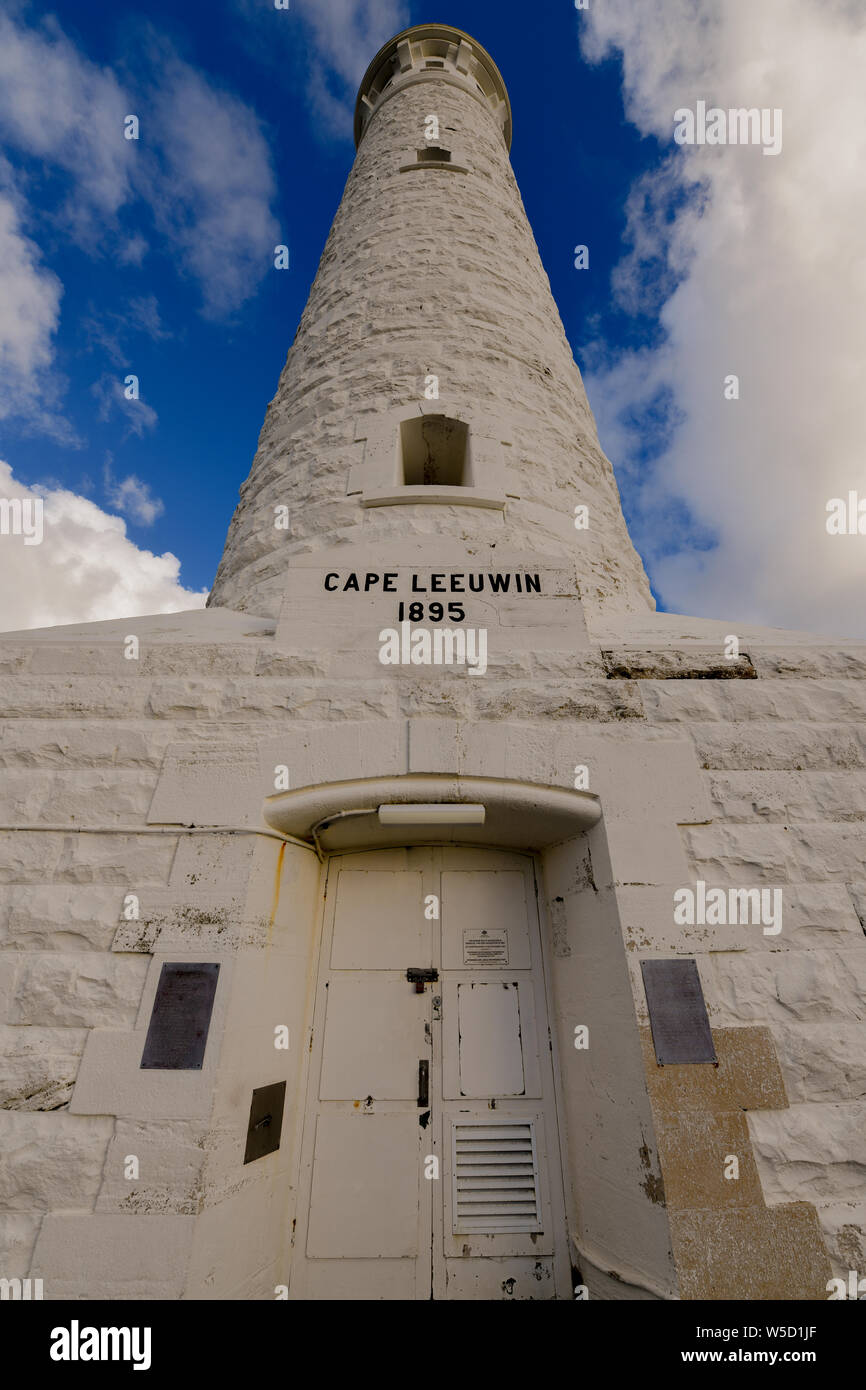 Cape Leeuwin Lighthouse sunset with blue sky and clouds at entrance ...