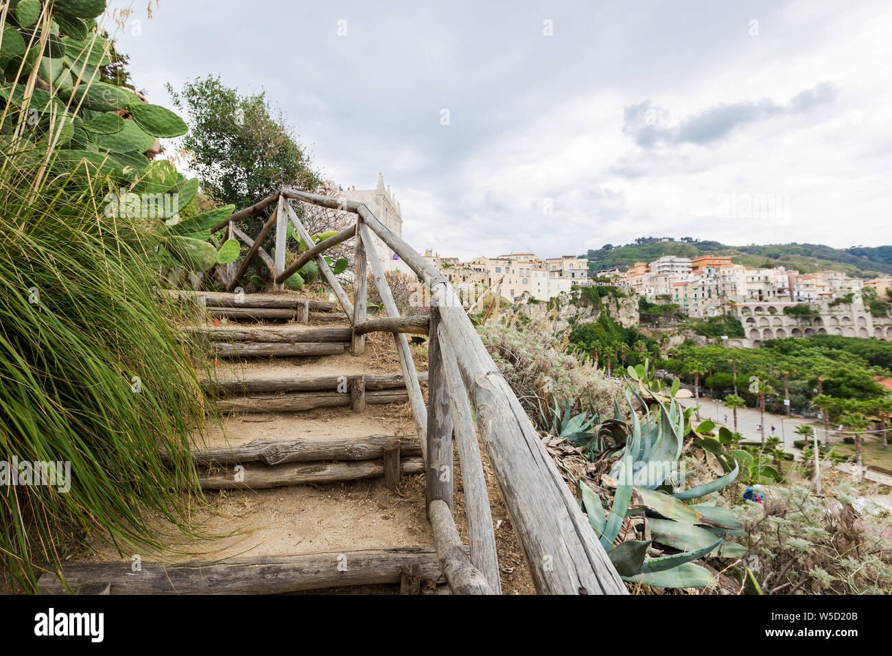Wooden stairs way on a green garden in Italy, Tropea Stock Photo - Alamy