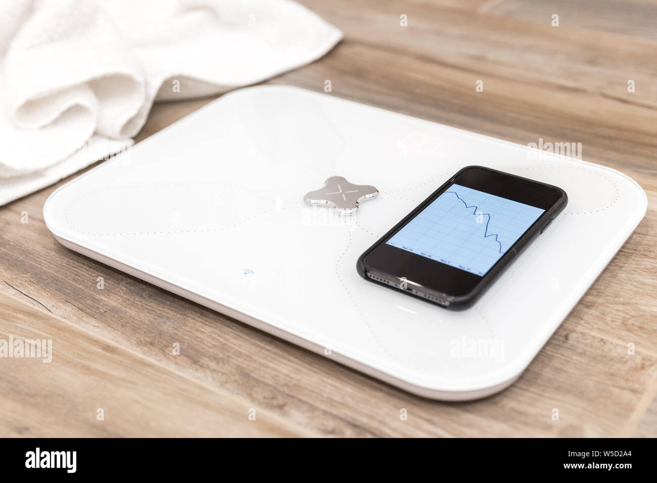 Smart scale standing on a floor connected to smartphone Stock Photo - Alamy