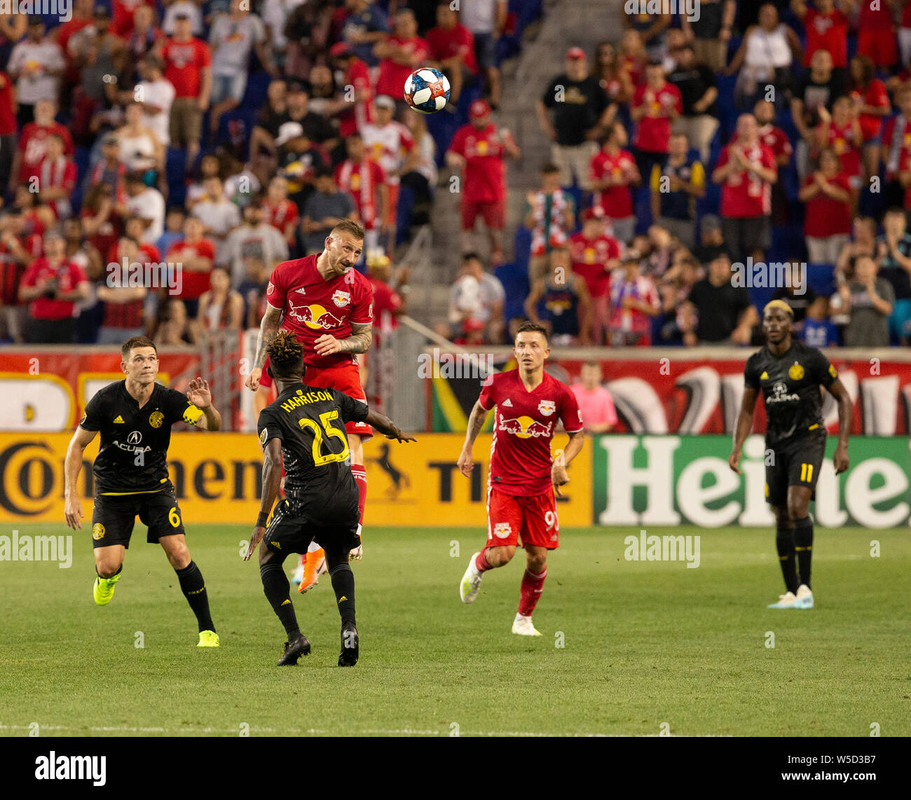 Harrison, USA. 27th July, 2019. Daniel Royer (77) of Red Bulls controls ...
