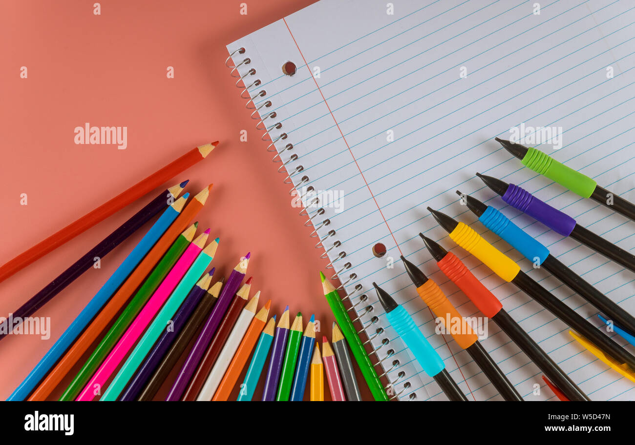 Back to school concept school office supplies of papers, pencils ...