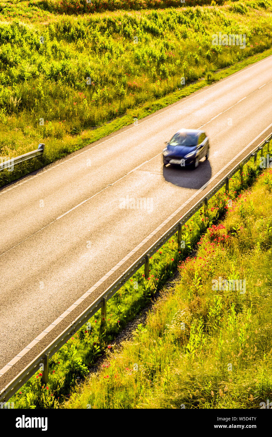 single car on uk motorway road overhead view at daylight Stock Photo ...