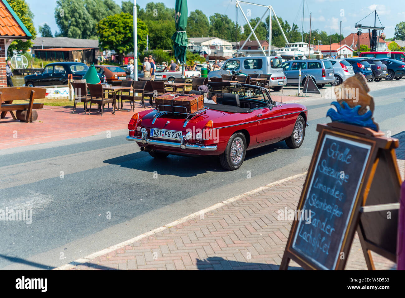Varel, Germany, July, 28,2019: Vintage cars meet at the Vareler harbor ...