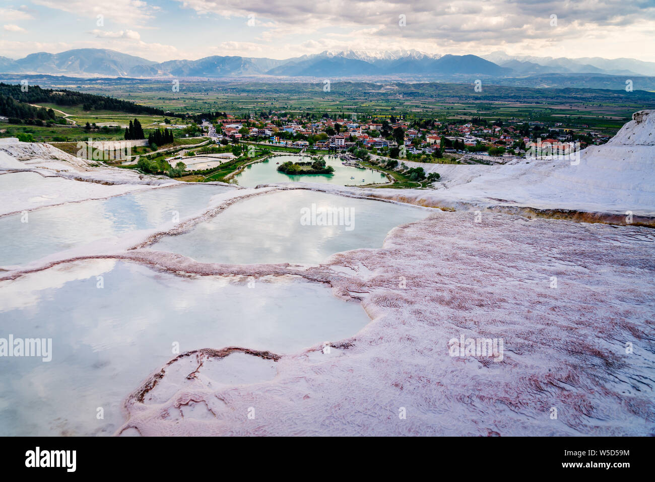 Pamukkale Travertine natural pools in Turkey. landscape with blue water ...