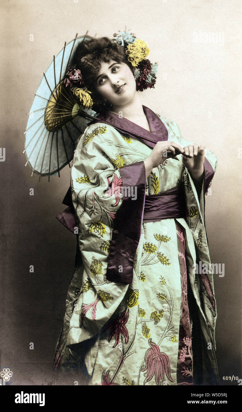 [ 1900s - Western Woman in Japanese Kimono ] — Western model posing in ...