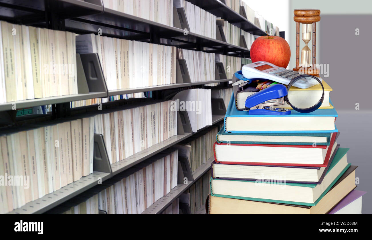 stack of books in library for education concept Stock Photo - Alamy