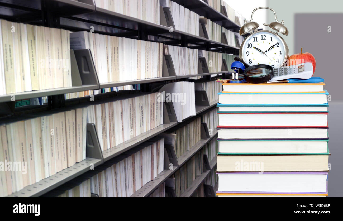 stack of books in library for education concept Stock Photo - Alamy