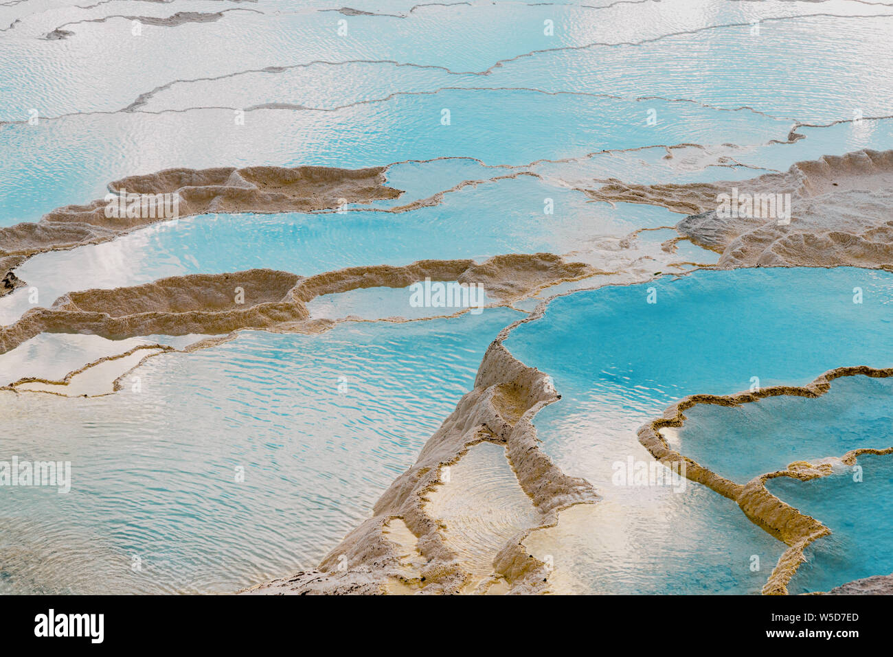 Pamukkale Travertine natural pools in Turkey. landscape with blue water ...