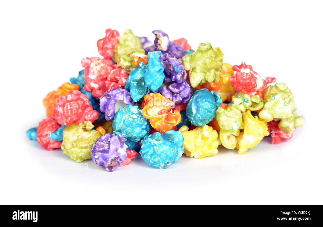 a group colorful popcorn on white background Stock Photo - Alamy