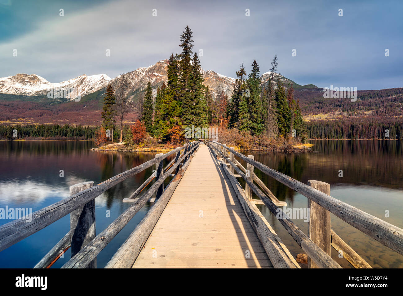 Bridge at Pyramid Lake with mountains reflection at Jasper National ...