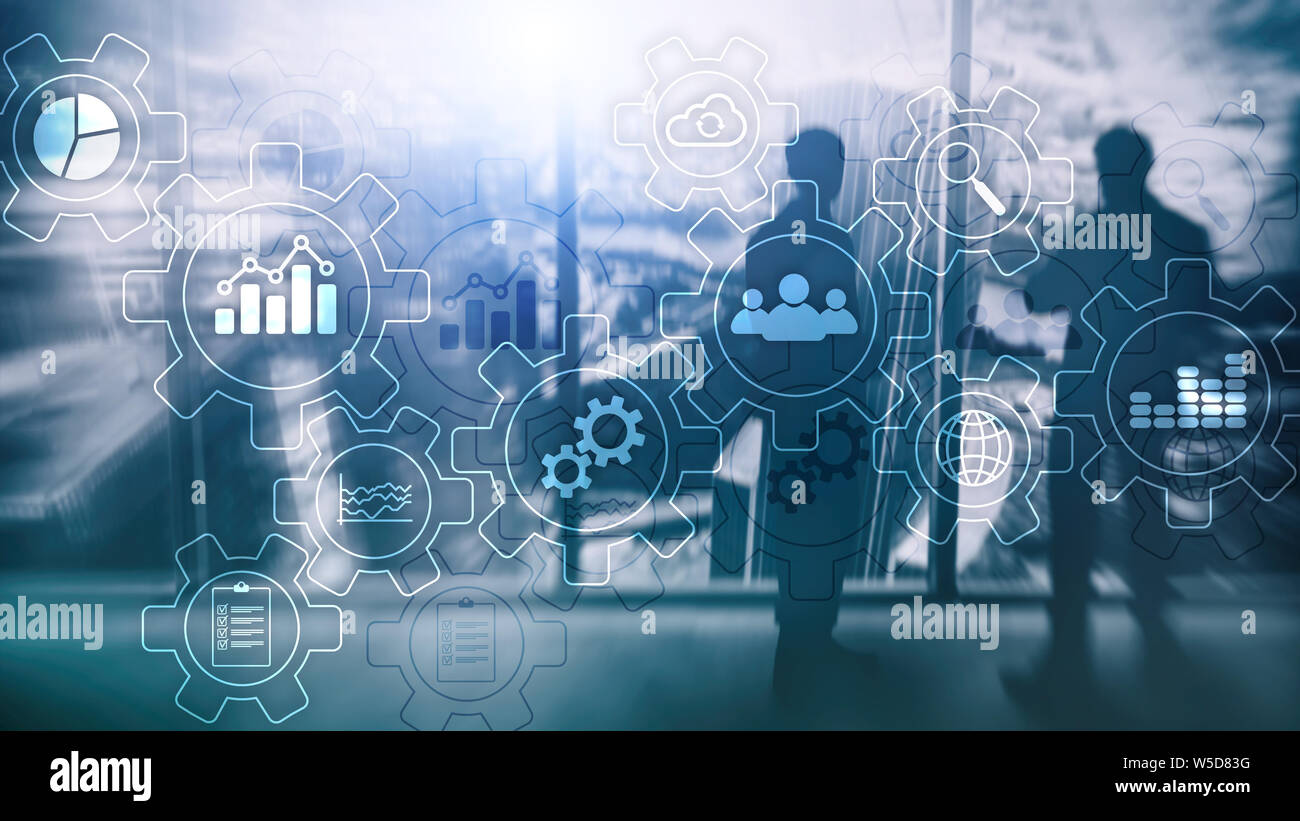 Business process abstract diagram with gears and icons. Workflow and ...