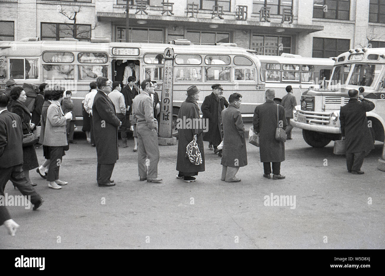 [ 1960s Japan - Tokyo Bus Station ] — People lining up at the bus ...