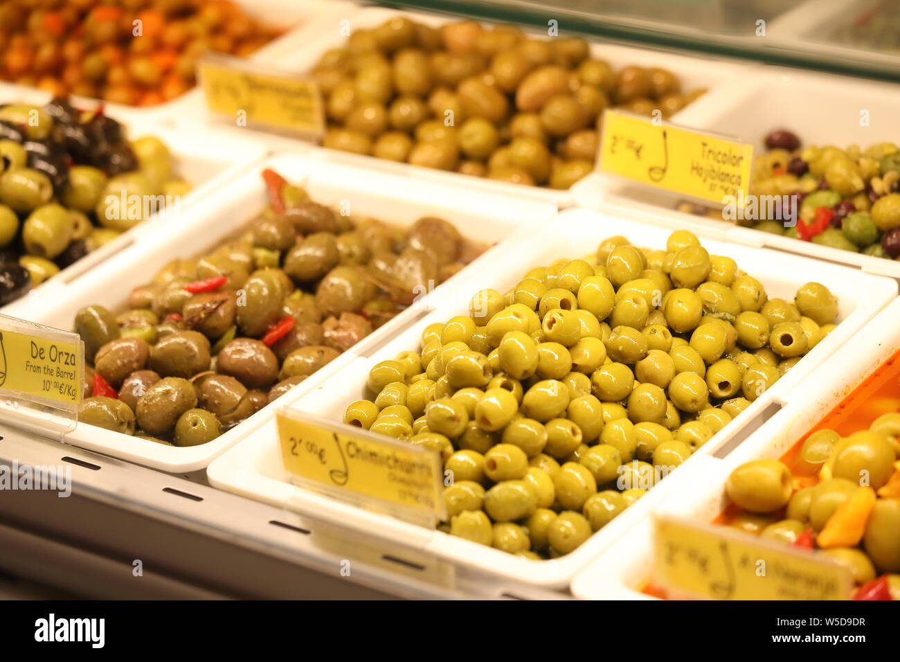 Spanish food tapas display at Mercado de San Miguel market Madrid Spain ...