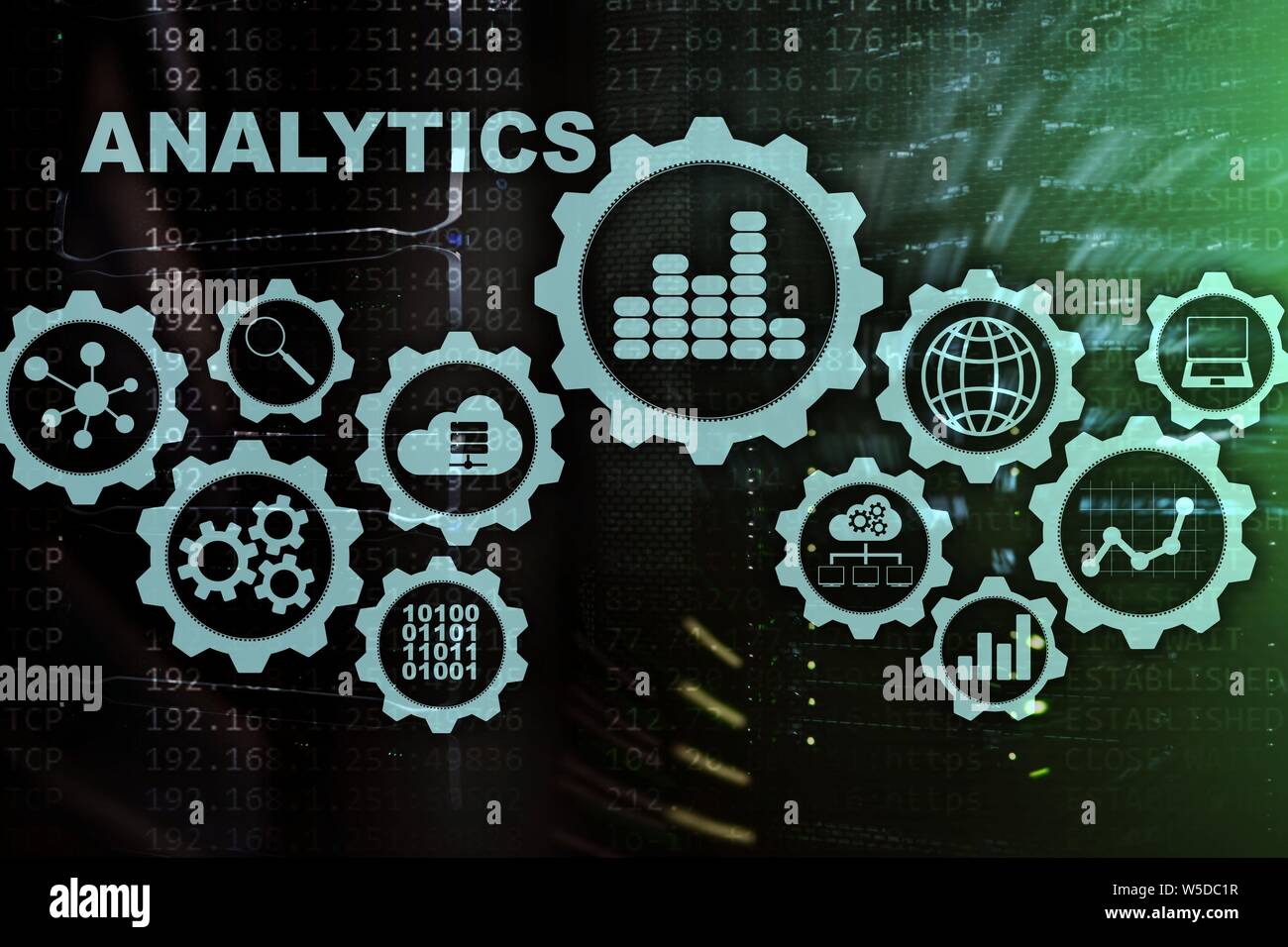 Technology Analytics concept on virtual screen. Big data with graph icons on a digital screen ...
