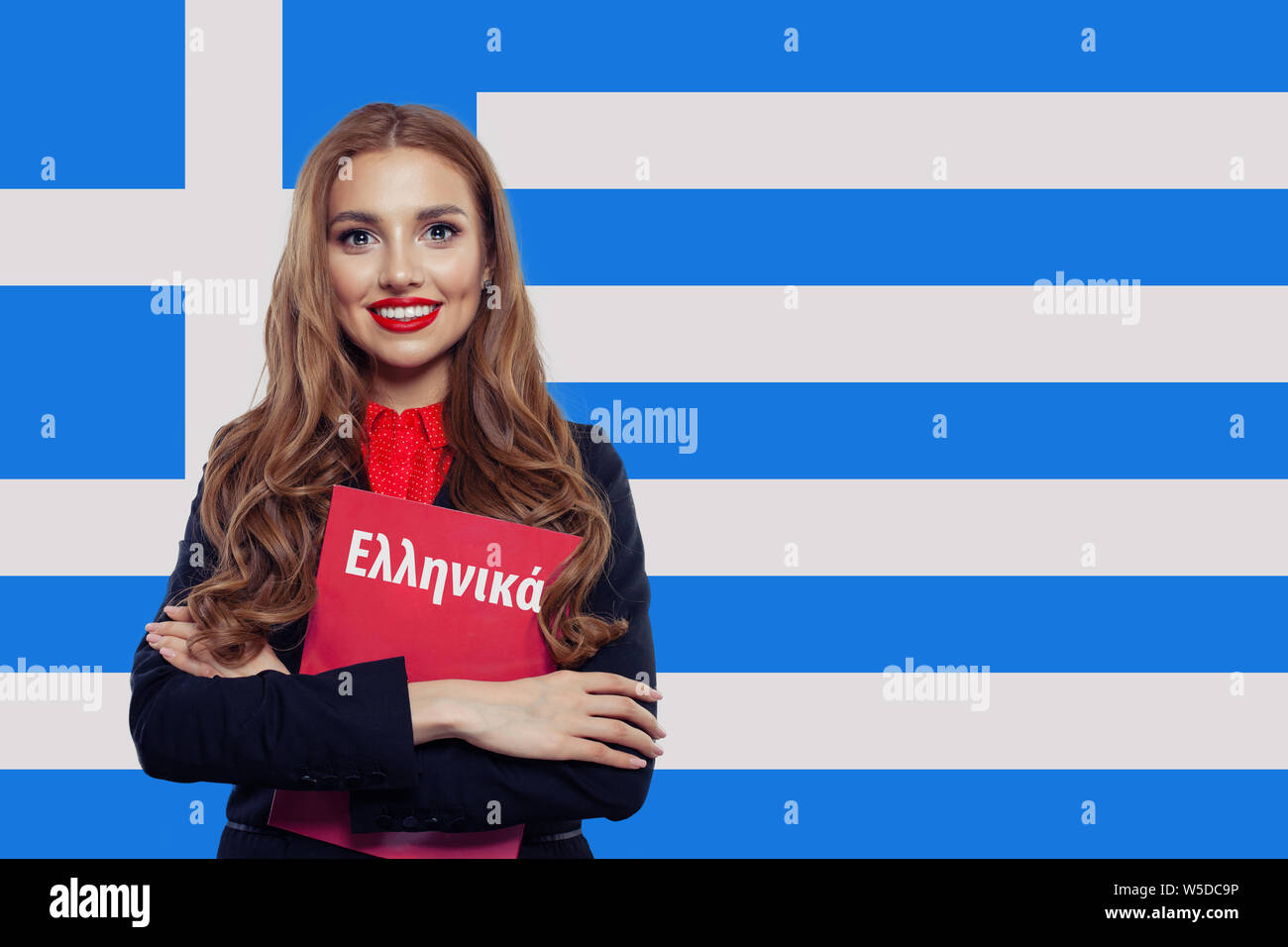 Greece and greek language concept. Smiling girl with book and Greek ...