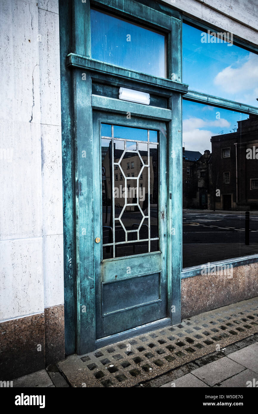 Old 1930's glazed shop door with faded green paint in Newcastle upon ...