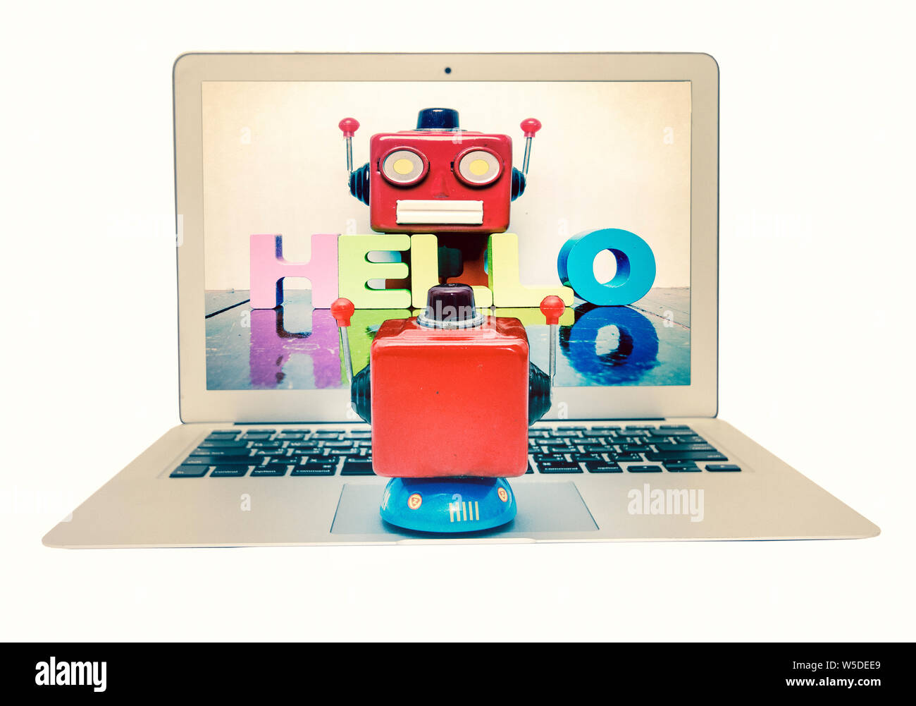 machine, learning concept little red head robot talking to another red ...