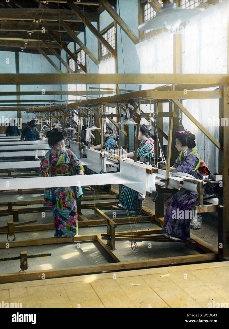 [ 1900s Japan - Japanese Silk Factory ] — Women in kimono weaving silk ...