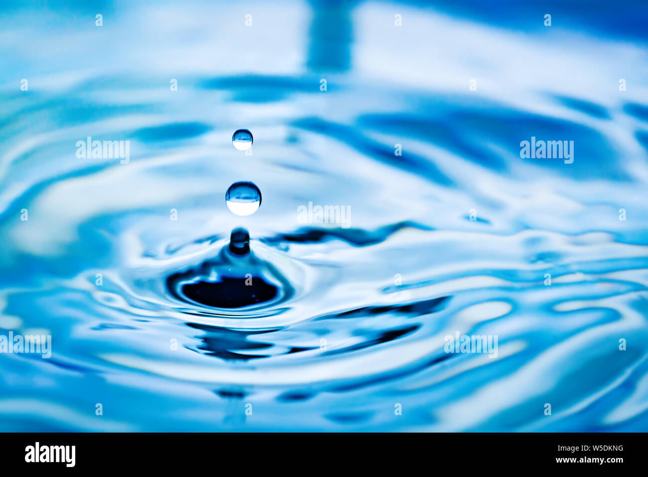 The round transparent drop of water, falls downwards. Selective focus ...