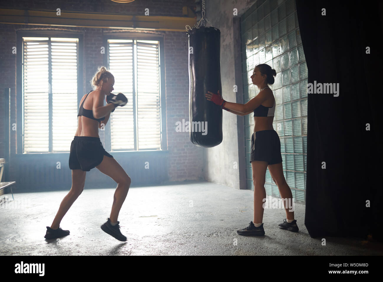 Dramatic backlit portrait of two female boxers hitting punching bag in ...