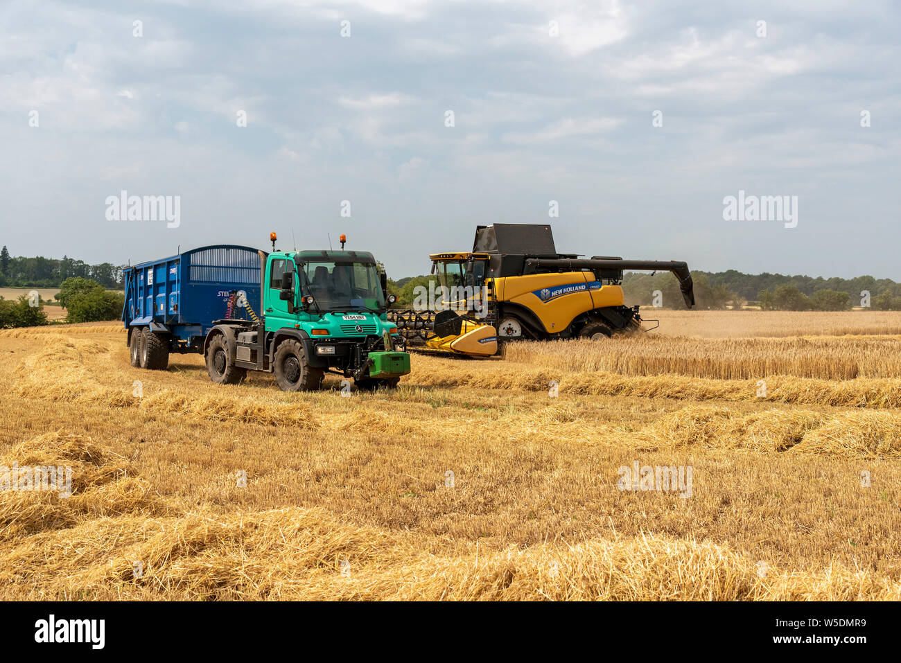 Cheltenham, Gloucestershire, England, UK. Combine harvester offloading ...