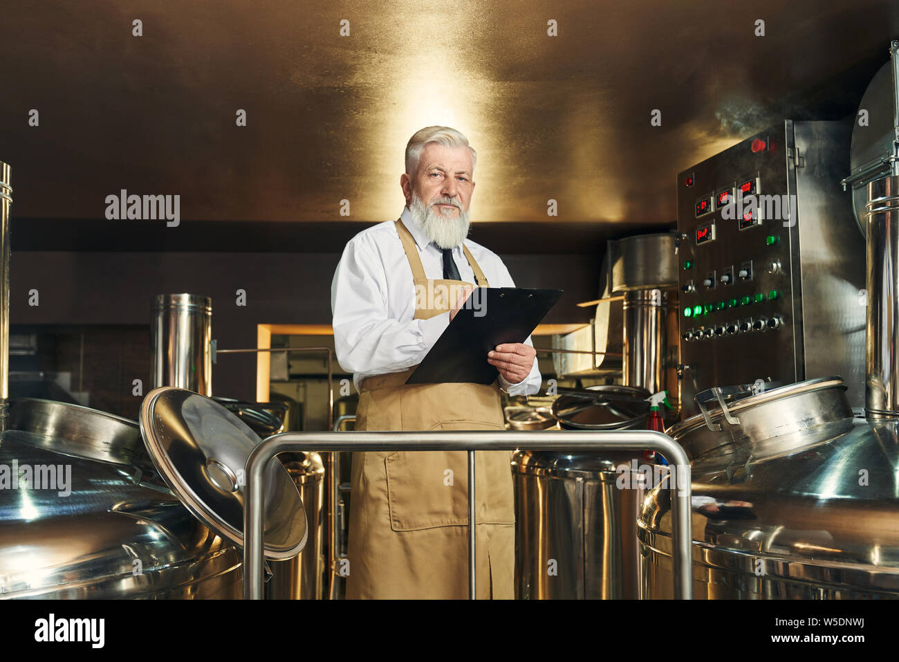 Professional brewery worker monitoring process of brewing beer ...
