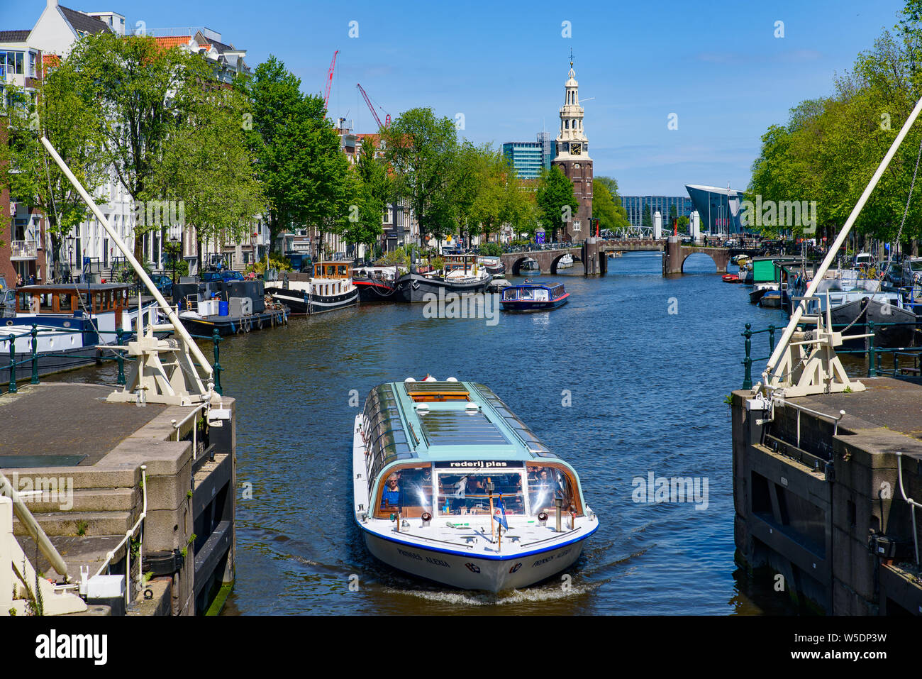 Boat tour and canal cruise in Amsterdam, Holland, Netherlands Stock ...