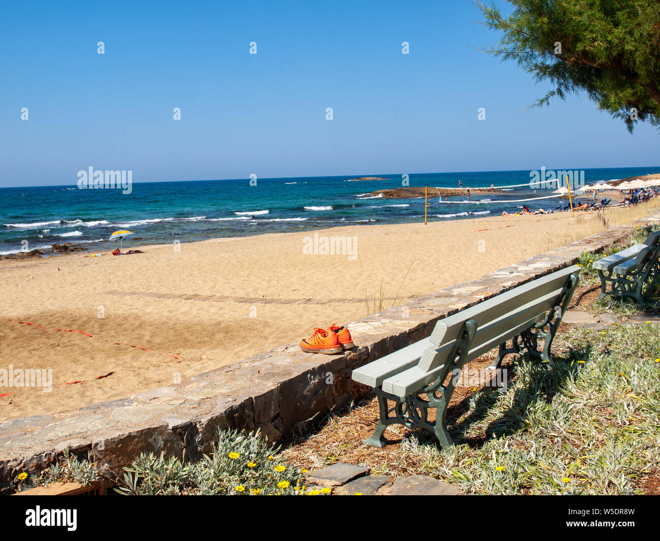 Malia, Crete, Greece - Juni 18, 2019: View of sandy beach in Malia on ...