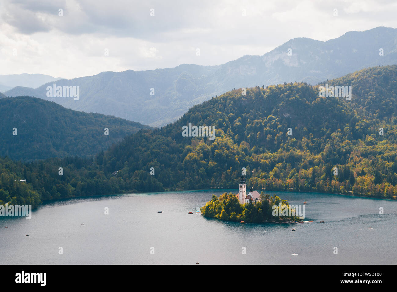 Close up aerial view of the Bled island on the lake Bled in Slovenia ...