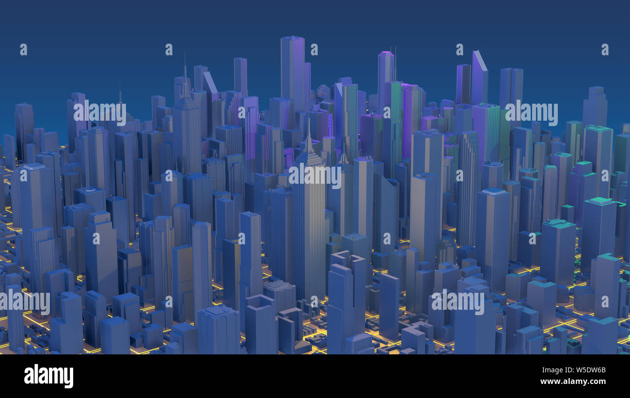 Digital 3d rendering city. Light trails symbolise data travelling in ...