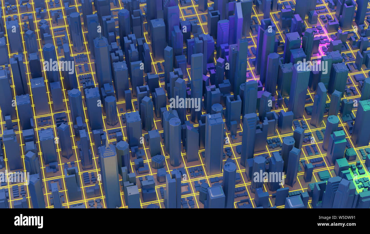 Digital 3d rendering city. Light trails symbolise data travelling in ...