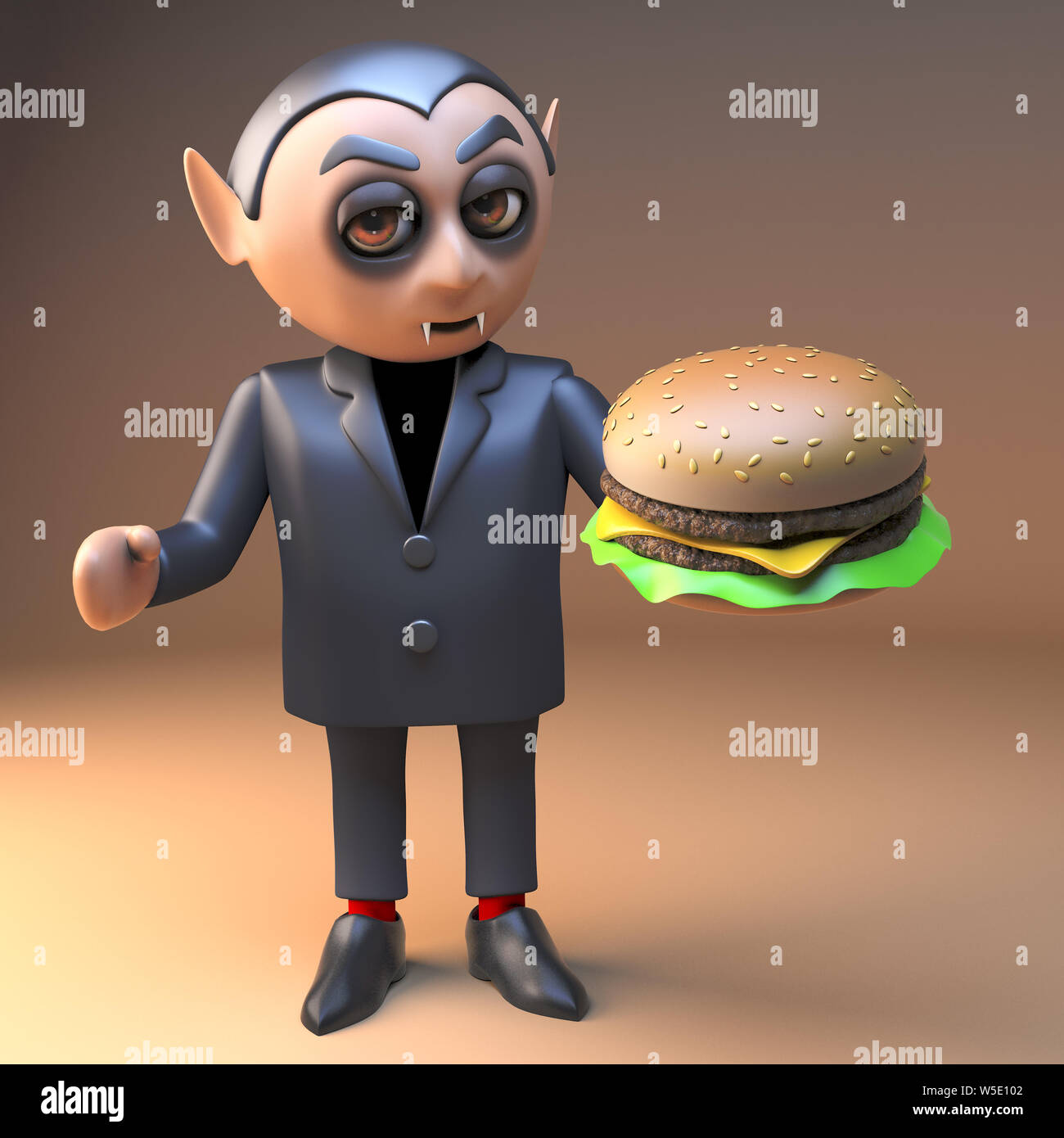 Hungry vampire dracula character in 3d eating a delicious cheeseburger ...
