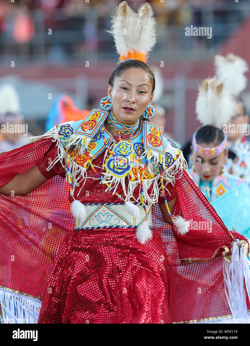 Dancers perform during the Grand Entry of the Julyamsh Pow Wow in Coeur d'Alene, Idaho Stock ...