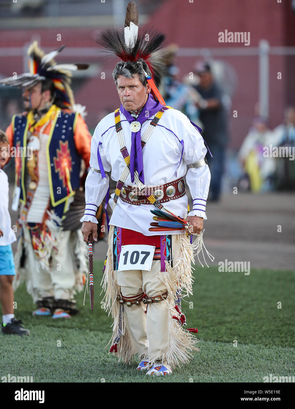 Dancers perform during the Grand Entry of the Julyamsh Pow Wow in Coeur d'Alene, Idaho Stock ...