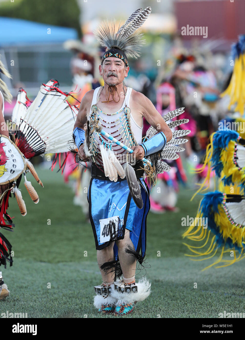 Dancers perform during the Grand Entry of the Julyamsh Pow Wow in Coeur d'Alene, Idaho Stock ...