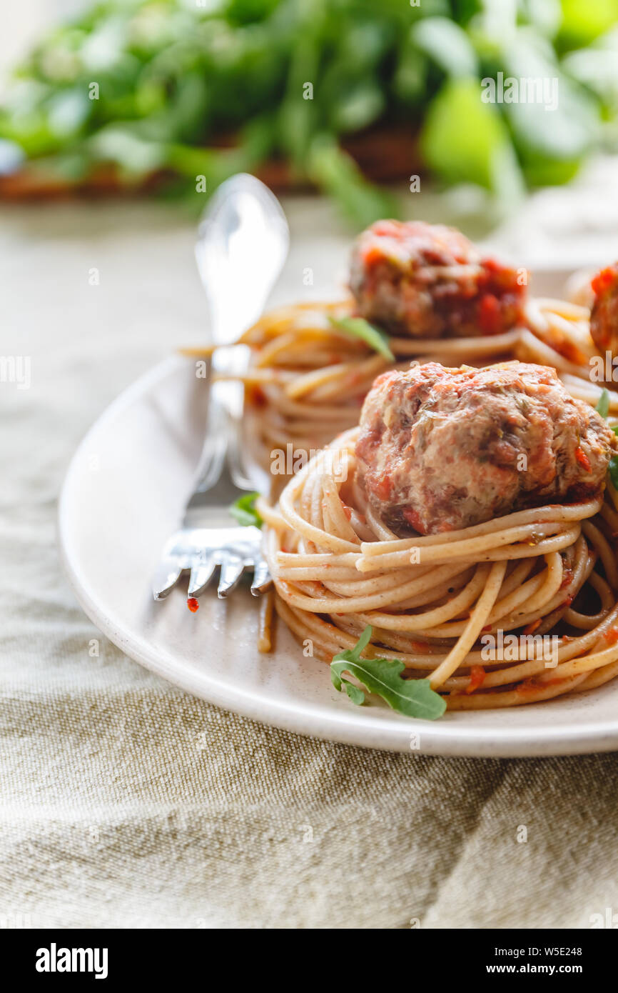 Original Italian Spaghetti With Meatballs In Tomato Sauce Stock Photo ...