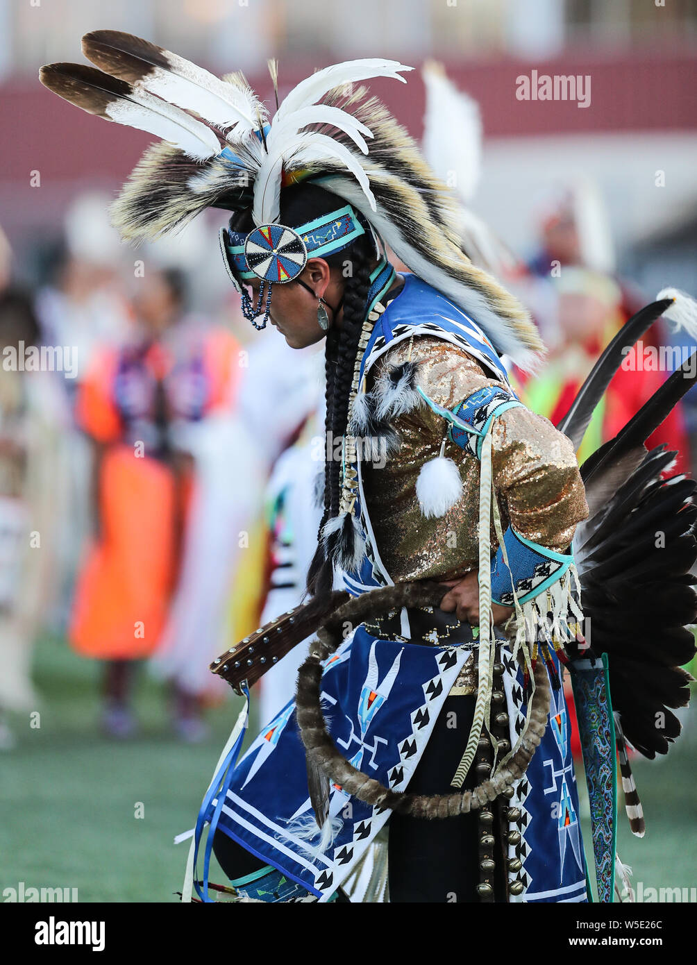 Dancers perform during the Grand Entry of the Julyamsh Pow Wow in Coeur d'Alene, Idaho Stock ...