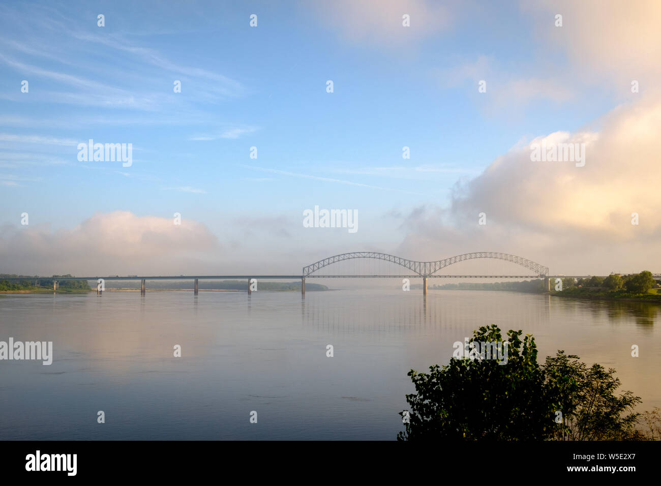 Morning photo of the Interstate 40 bridge and its reflection on the ...