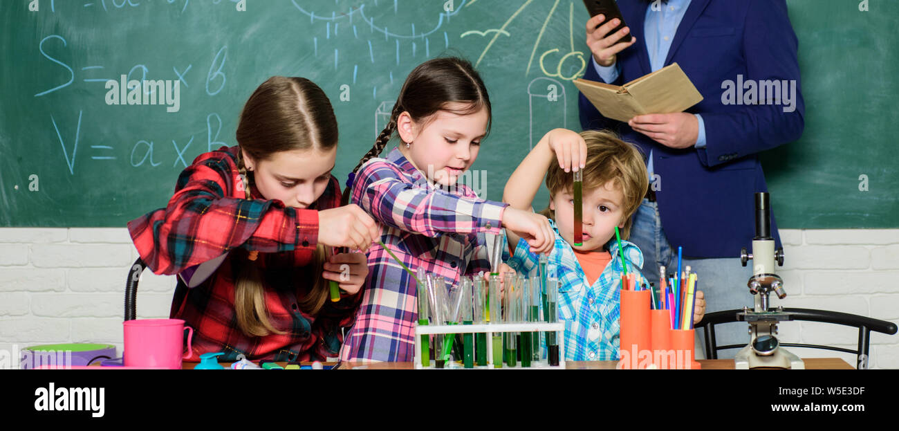 chemistry lab. back to school. happy children teacher. kids in lab coat ...