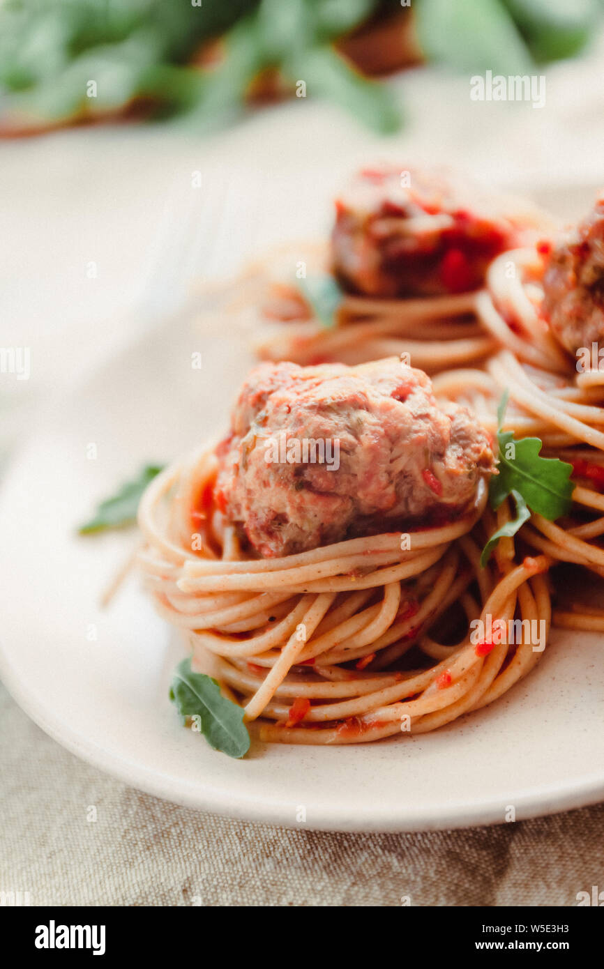 Original Italian Spaghetti With Meatballs In Tomato Sauce Stock Photo ...