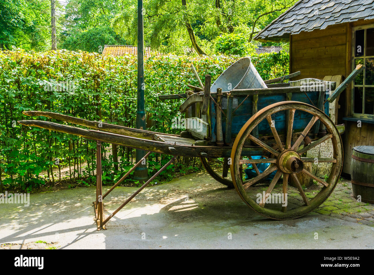 Vintage wooden cart, nostalgic agriculture equipment, old historic ...